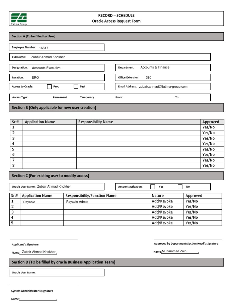 Record - Schedule Oracle Access Request Form: Section A (To Be Filled ...