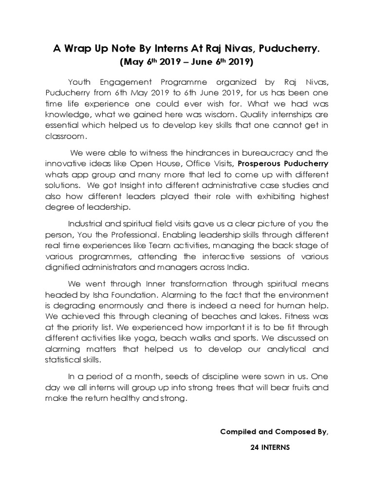 A Wrap Up Note by Interns at Raj Nivas, Puducherry.: (May 6 2019 - June ...