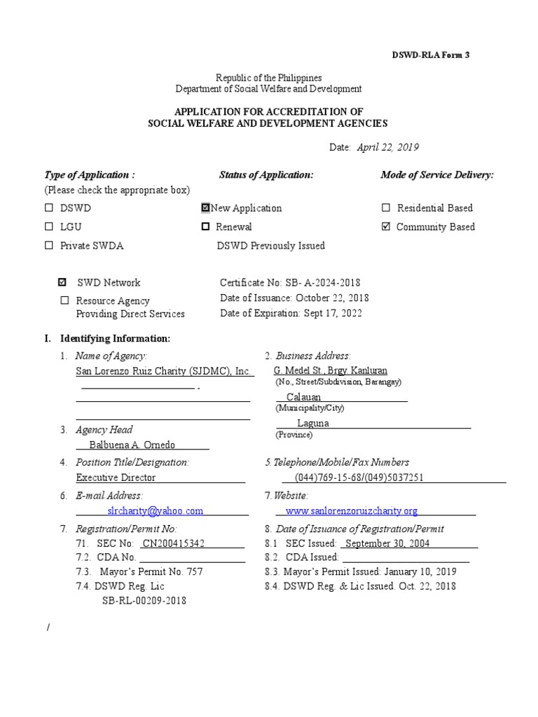 DSWD-RLA Form 3 (Application Form for Accreditation) - 3192019 | Public ...