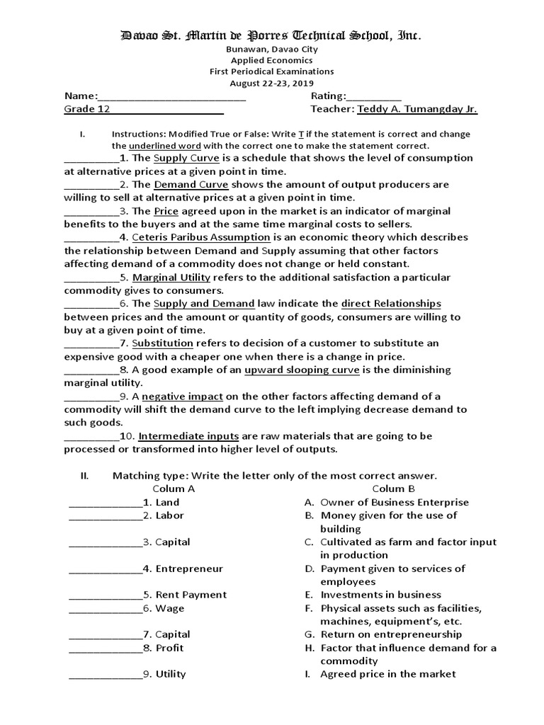 Sir Teddy Exam | PDF | Supply And Demand | Prices