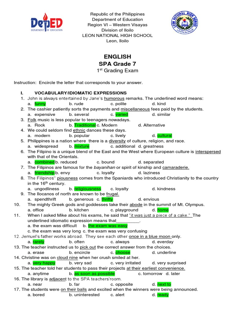 English Grade 7 1st Grading Long Test | PDF | Philippines
