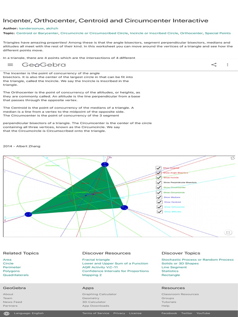 Incenter, Orthocenter, Centroid and Circumcenter Interactive - GeoGebra ...