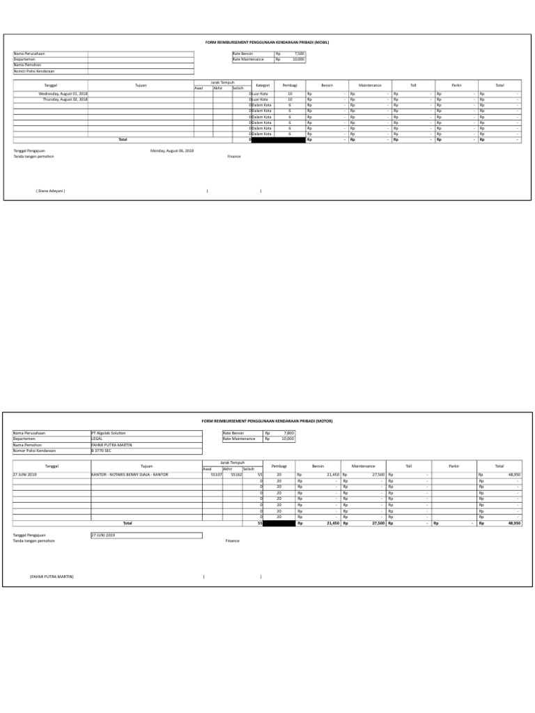 Formulir Reimbursement Kendaraan Pribadi | PDF