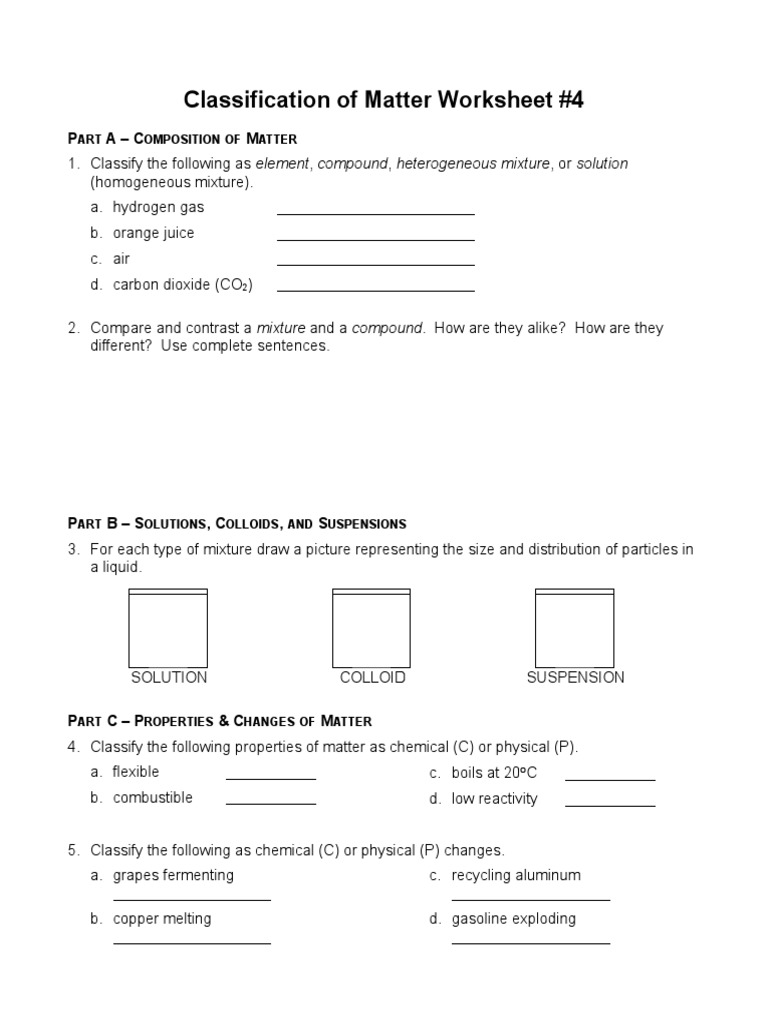 Classification of Matter Worksheet | PDF