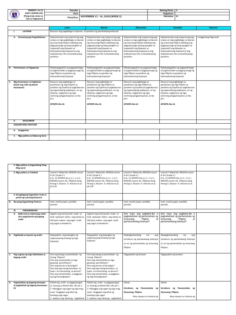 Grade 5 DLL Araling Panlipunan 5 Q3 Week 3 | PDF
