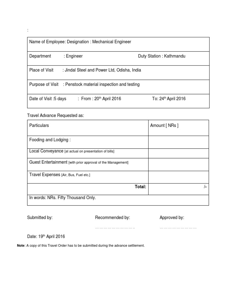 Mechanical Engineer Travel Order for Inspection | PDF