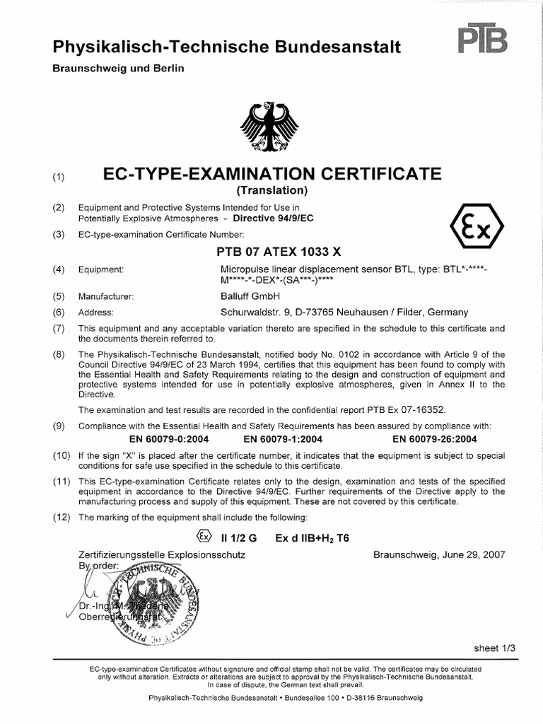 PTB 07 Atex 1033 X - en | PDF