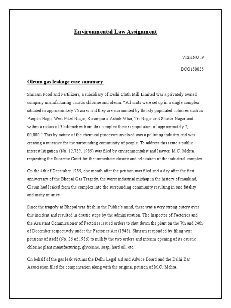 Environmental Law Assignment: Oleum Gas Leakage Case Summary | PDF | Supreme Court Of India ...