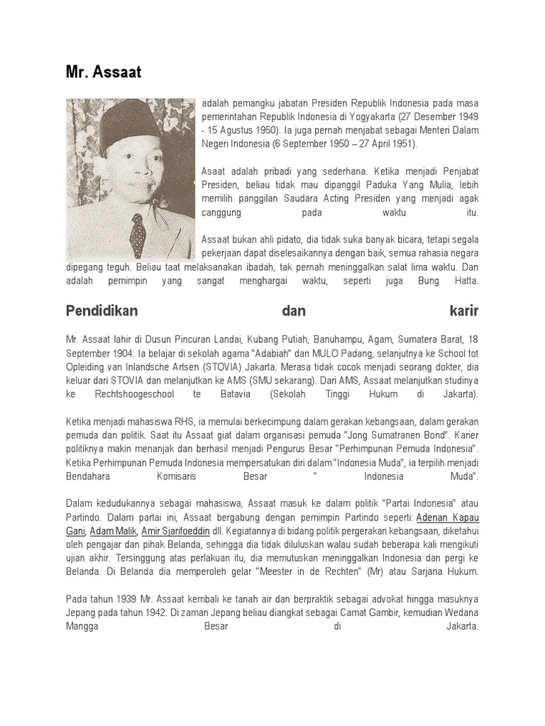 Biografi Mr. Assaat: Presiden RI Pertama | PDF
