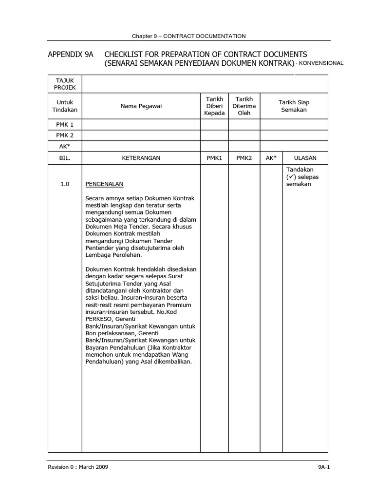 Appendix 9A Checklist For Preparation of Contract Documents (Senarai ...