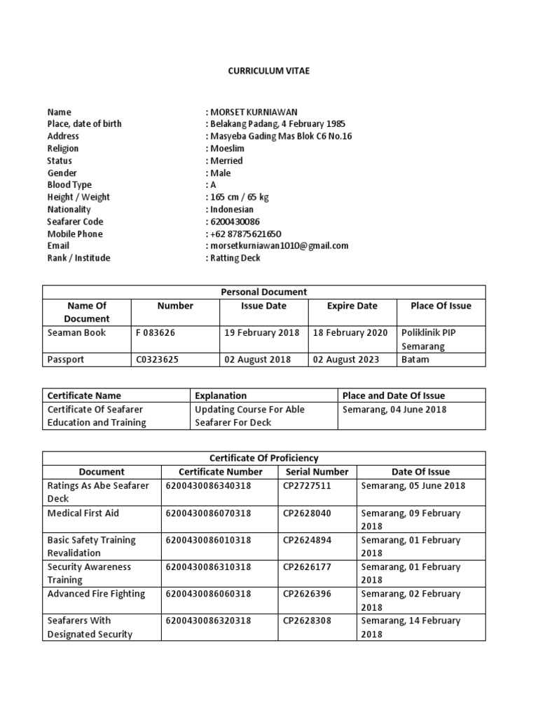 Personal Document Name of Document Number Issue Date Expire Date Place ...
