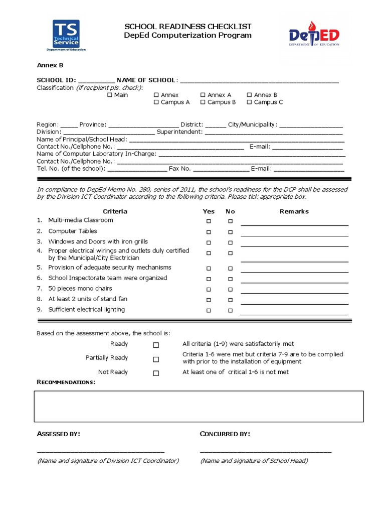 School Readiness Checklist Deped Computerization Program | PDF