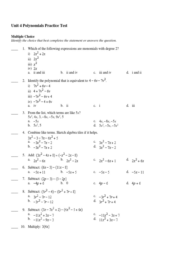 Unit 4 Polynomials Practice Test: Multiple Choice | PDF | Polynomial | Area