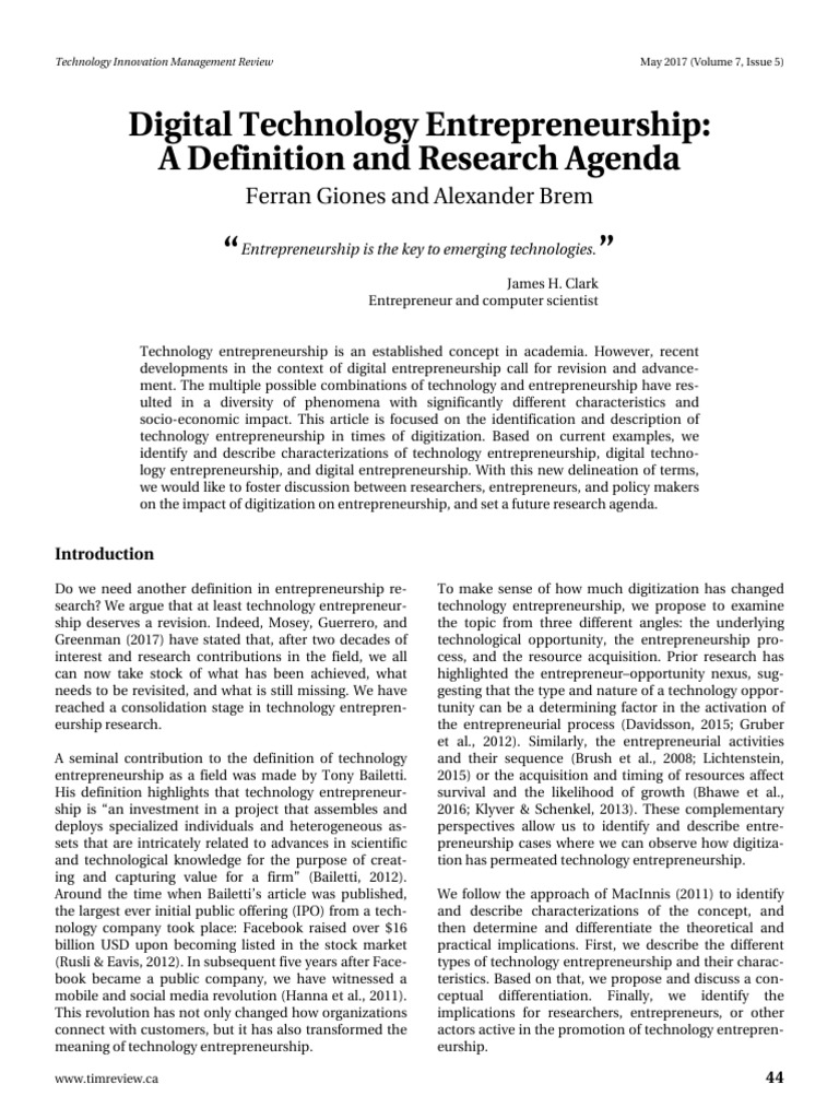 Digital Technology Entrepreneurship: A Definition and Research Agenda ...