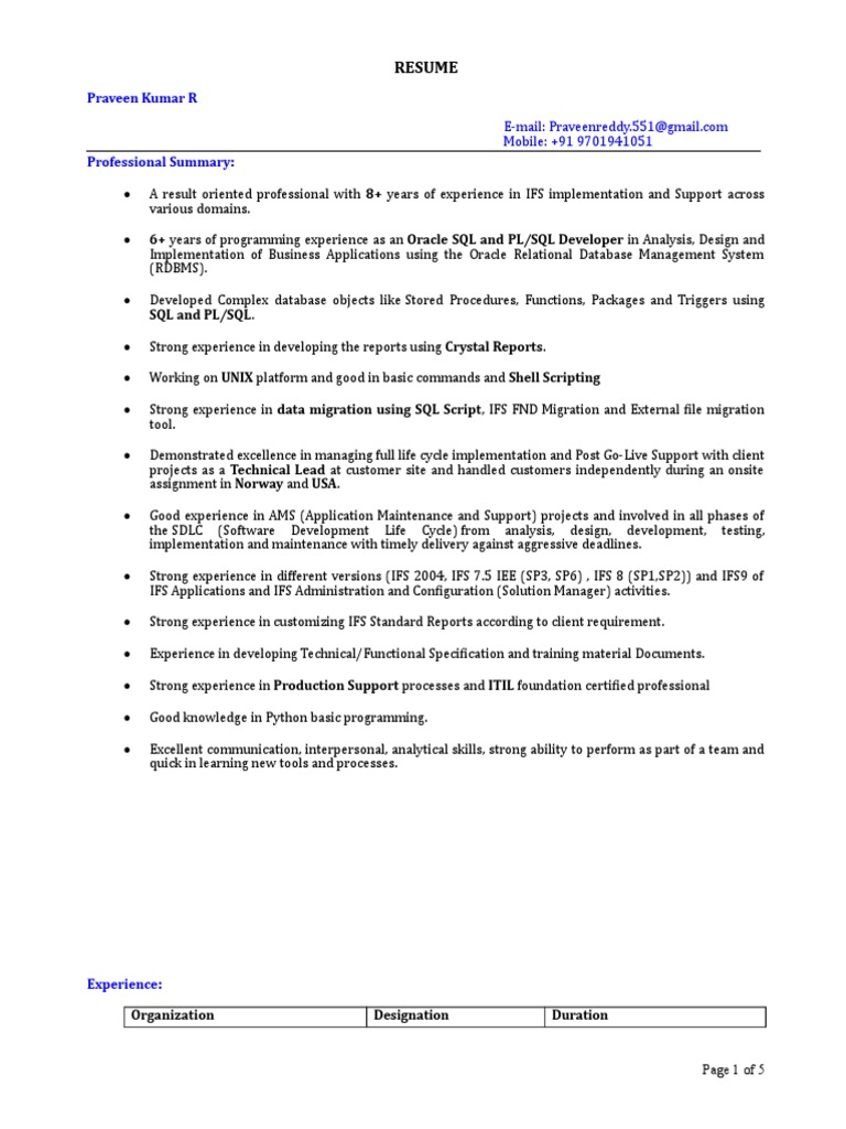 Resume-Praveen - R - Oracle-SQL-PL - SQL-UNIX - Shell Scripting-8+ Yrs Exp | PDF | Oracle ...
