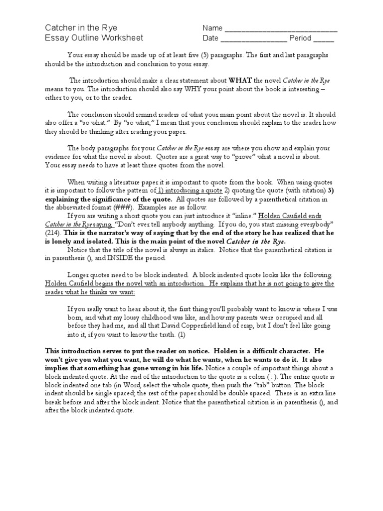 Catcher in The Rye Essay Outline Worksheet | PDF | Essays | Citation