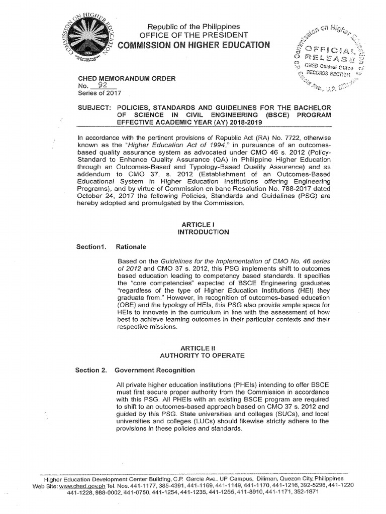 CMO 92 S. 2017 BS Civil Engineering | PDF