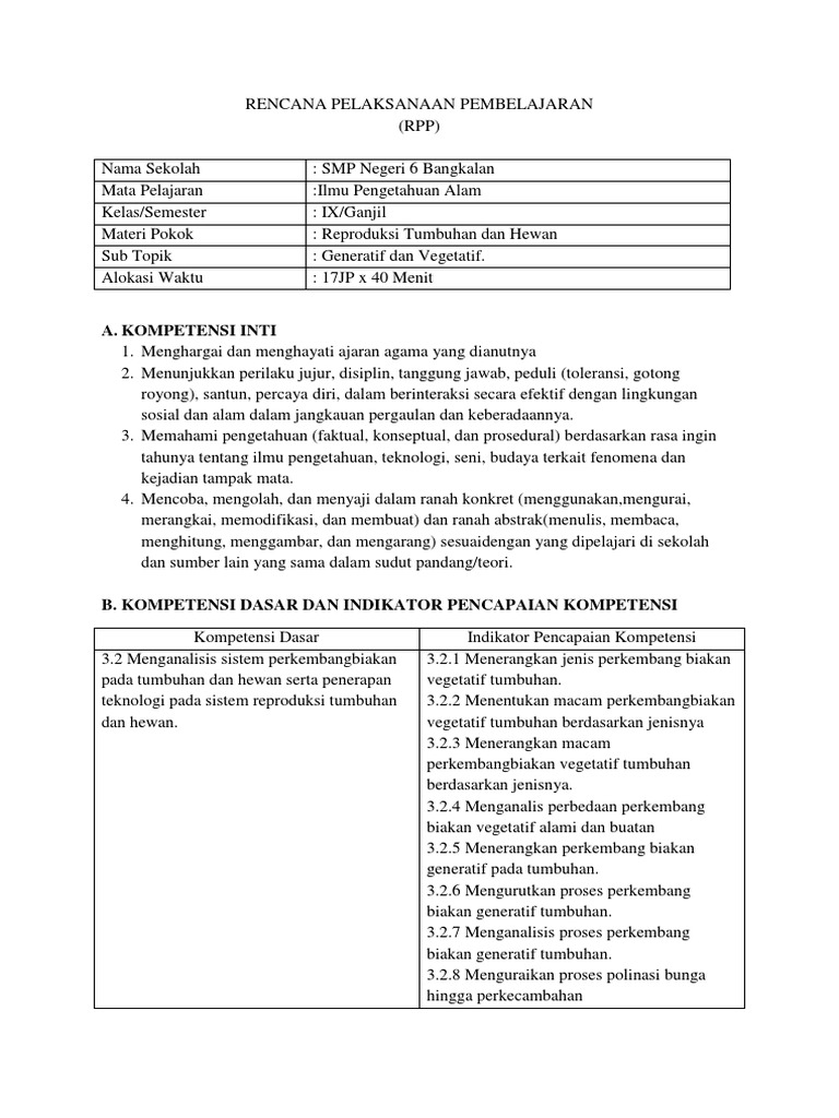 RPP PBL Materi Perkembangbiakan Tumbuhan Vegetatif | PDF