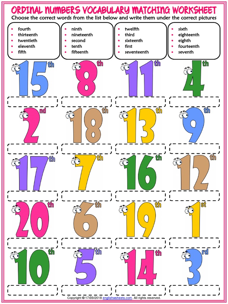 Ordinal Numbers Vocabulary Esl Matching Exercise Worksheet For Kids | PDF