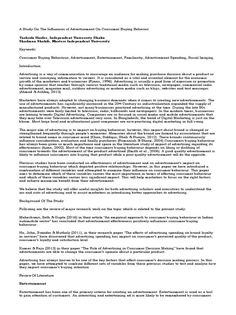 The Influences of Advertisement on Consumer Buying Behavior: An ...