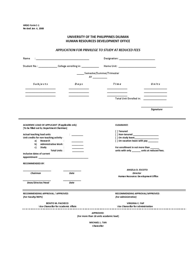 Application For Privilege To Study at Reduced Fees | PDF | Academic ...