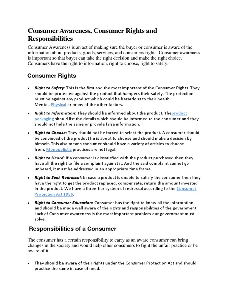 Consumer Awareness, Consumer Rights and Responsibilities | PDF ...