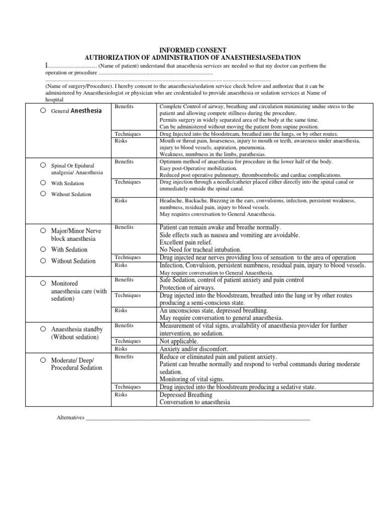 Anesthesia Consent Form | PDF | Anesthesia | Surgery