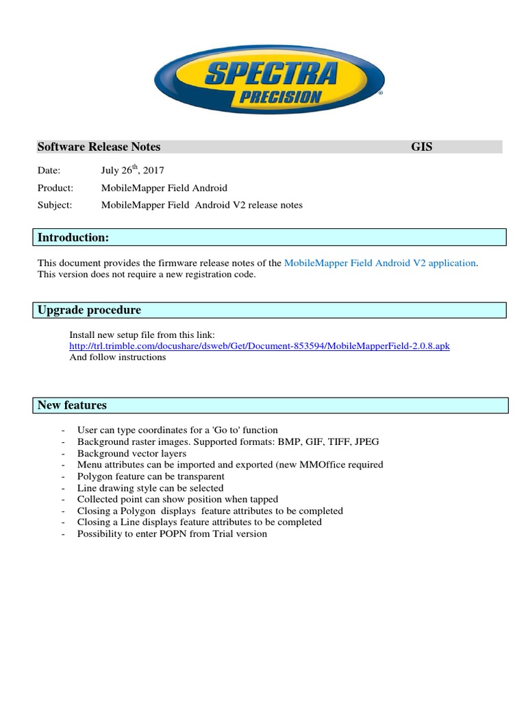 Software Release Notes Gis: Mobilemapper Field Android V2 Application | PDF