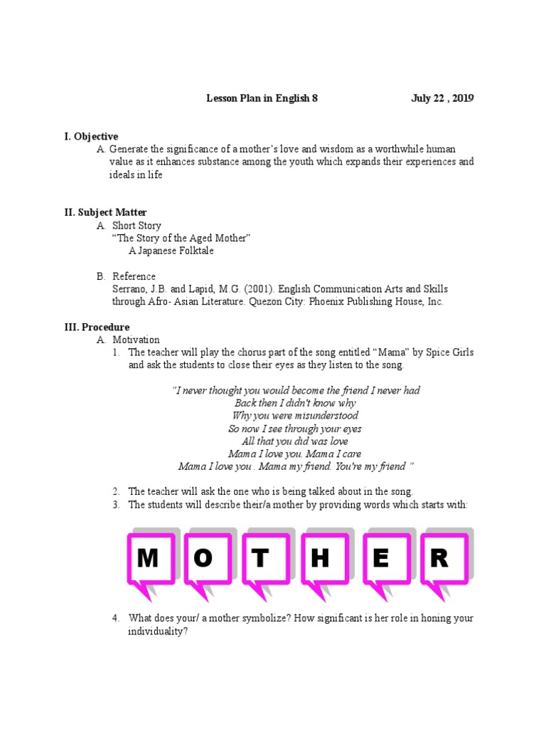 Mother's Love: Lesson Plan for Grade 8 | PDF | Wisdom | Love