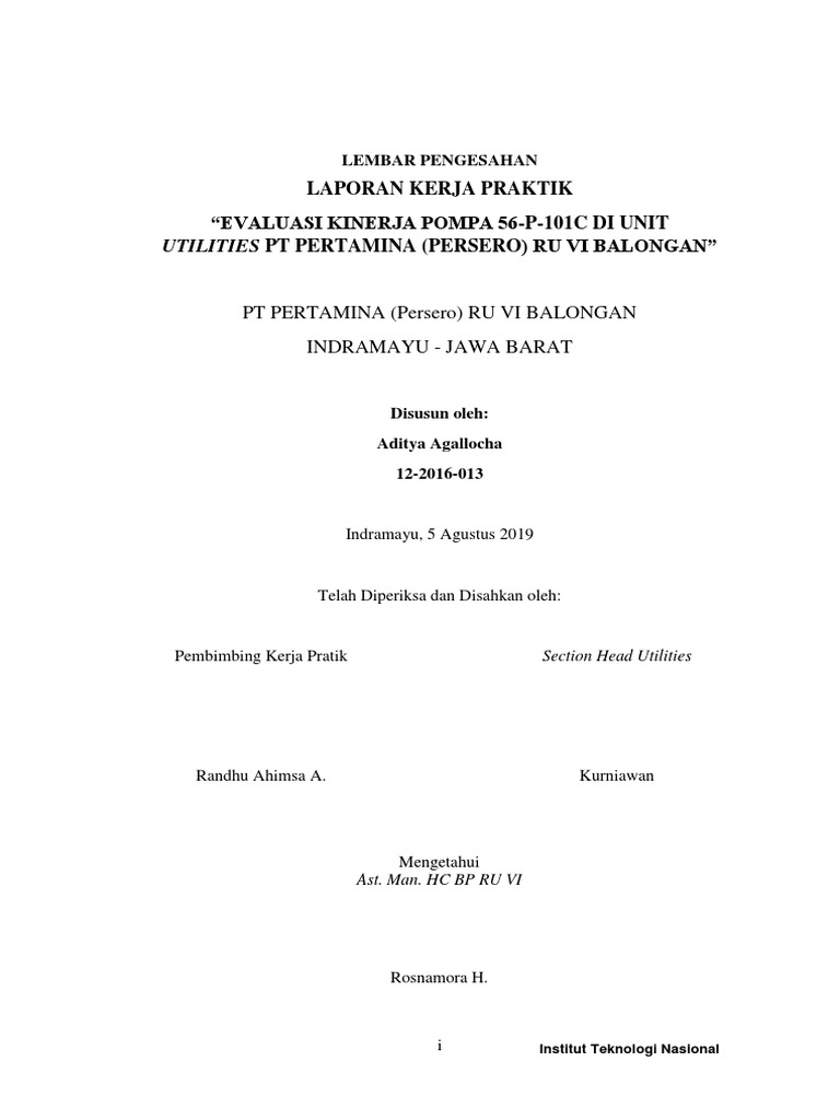 Laporan KP - Aditya - Pompa 101C | PDF