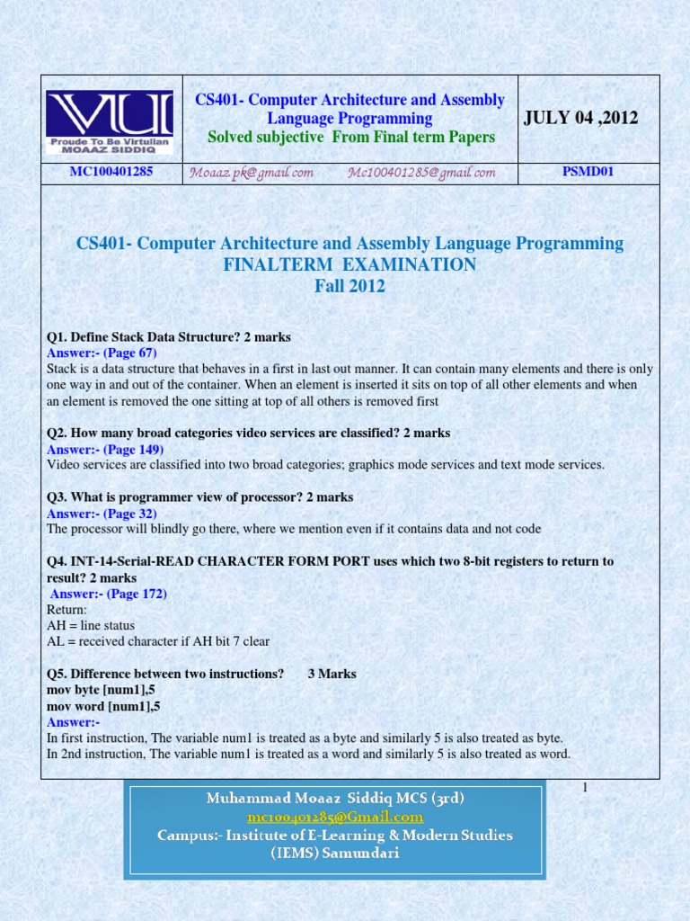 CS401 Final Exam Solutions: Computer Architecture | PDF | Input/Output | Assembly Language