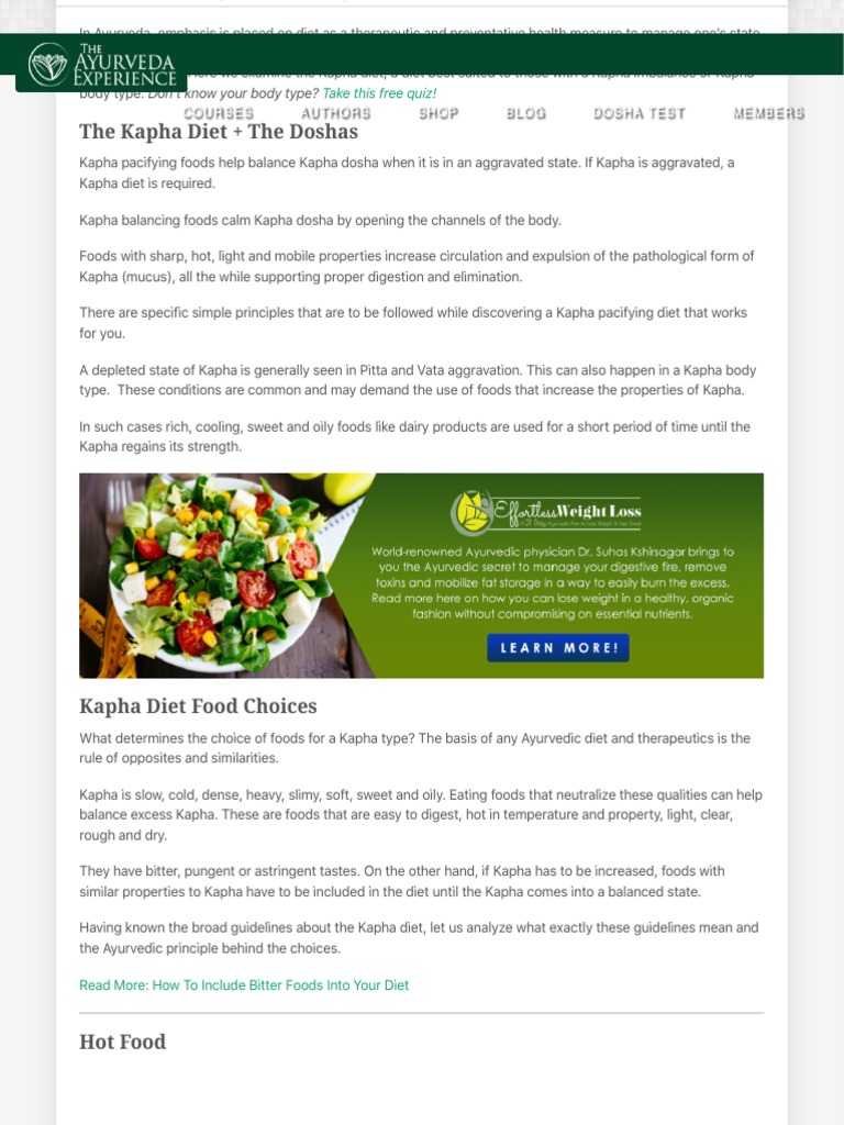 The Kapha Diet + The Doshas: Take This Free Quiz! | PDF | Ayurveda | Taste