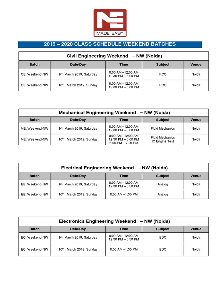 2019 - 2020 Class Schedule Weekend Batches: Civil Engineering Weekend ...