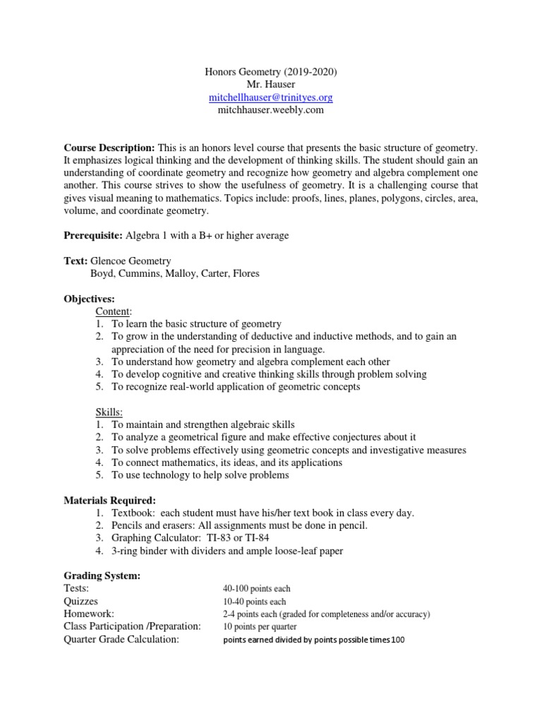 2019-2020 Honors Geometry Syllabus | PDF | Geometry | Homework