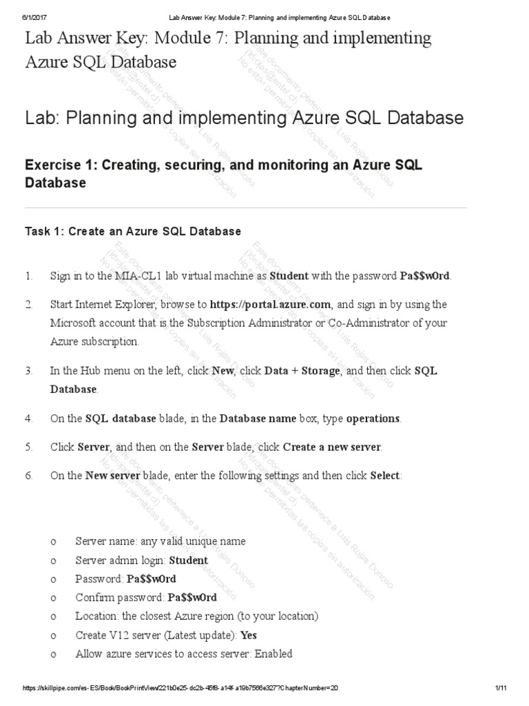 Lab Answer Key - Module 7 - Planning and Implementing Azure SQL Database | PDF | Microsoft Azure ...