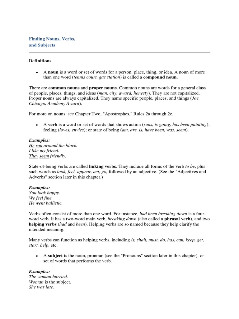 Finding Nouns, Verbs, and Subjects: Definitions | PDF | Verb | Noun