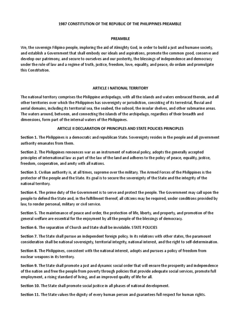 Preamble of the 1987 Philippine Constitution | PDF | State (Polity ...