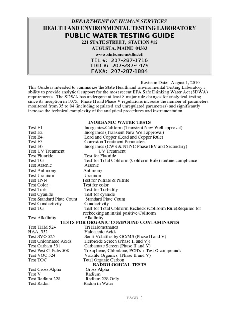 Public Water Testing Guide: Health and Environmental Testing Laboratory ...