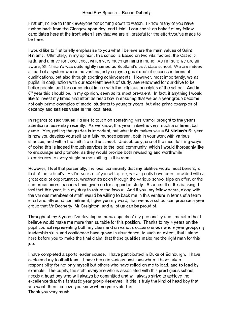 Head Boy Speech Ronan Doherty | PDF