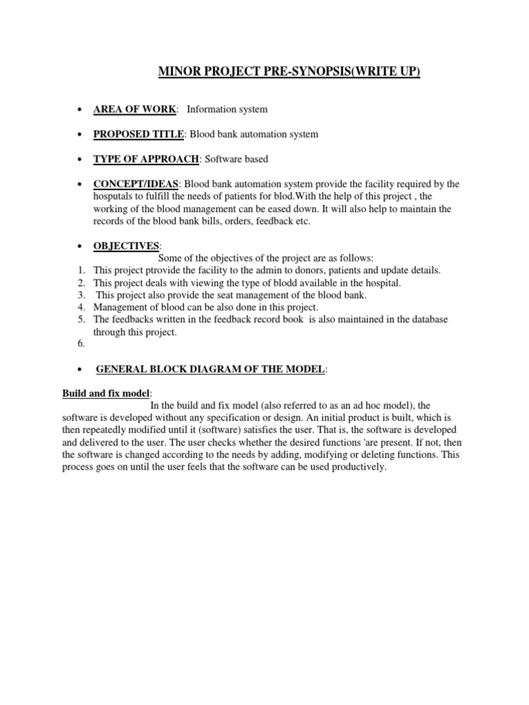 Minor Project Pre-Synopsis (Write Up) : Build and Fix Model | PDF ...