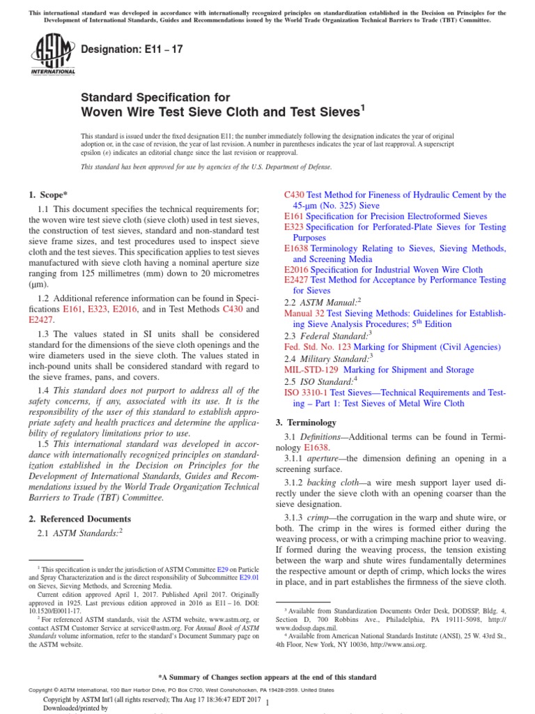 Astm e 11-17 | PDF | Specification (Technical Standard) | Textiles