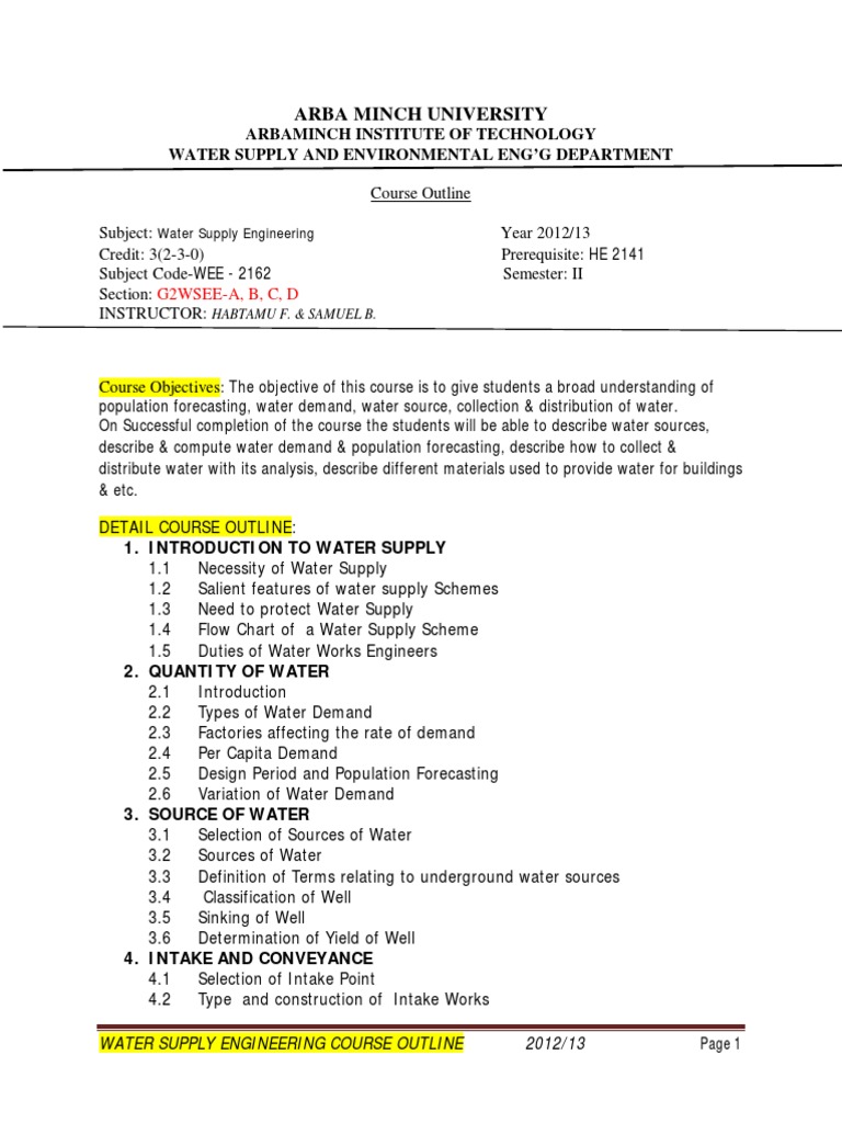 Water Supply Engineering Course Outline | PDF | Water Supply | Water