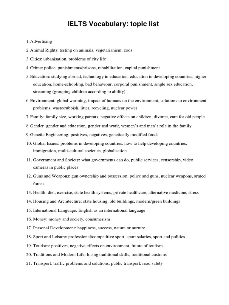 IELTS Vocabulary: Topic List | PDF | Internet | Family