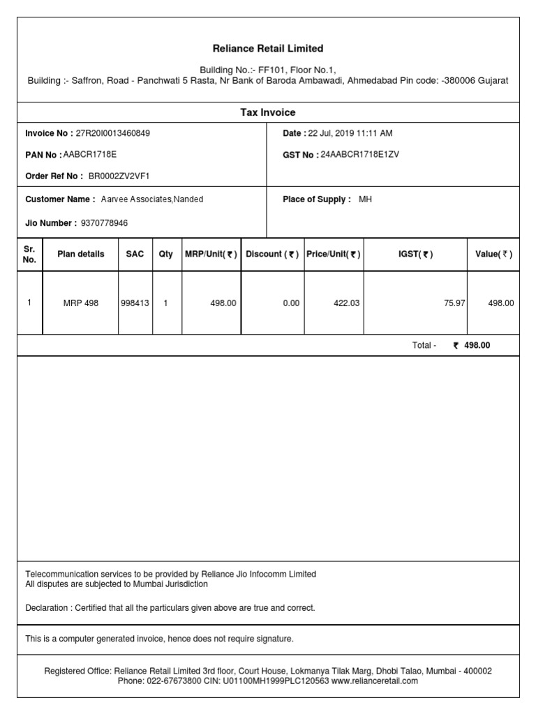 Invoice Jio Fi | PDF