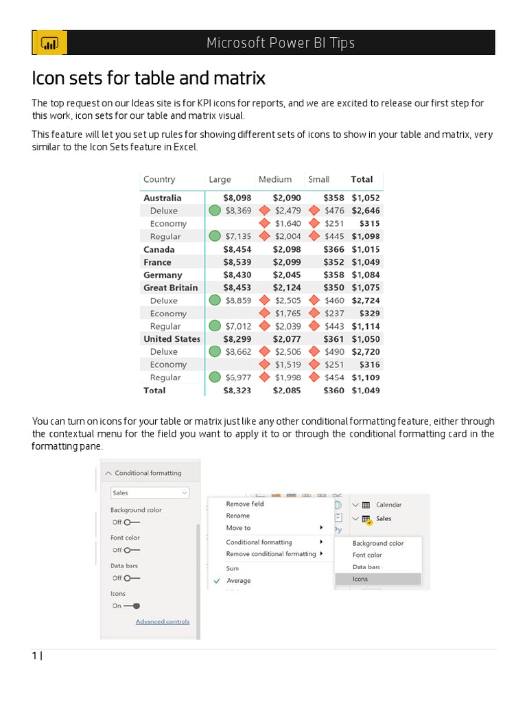 Microsoft Power BI Tips - Icon Sets For Table and Matrix Visuals | PDF ...