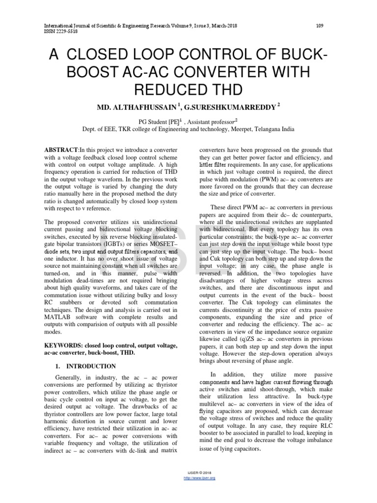 A Closed Loop Control of Buck Boost Ac Ac Converter With Reduced THD ...