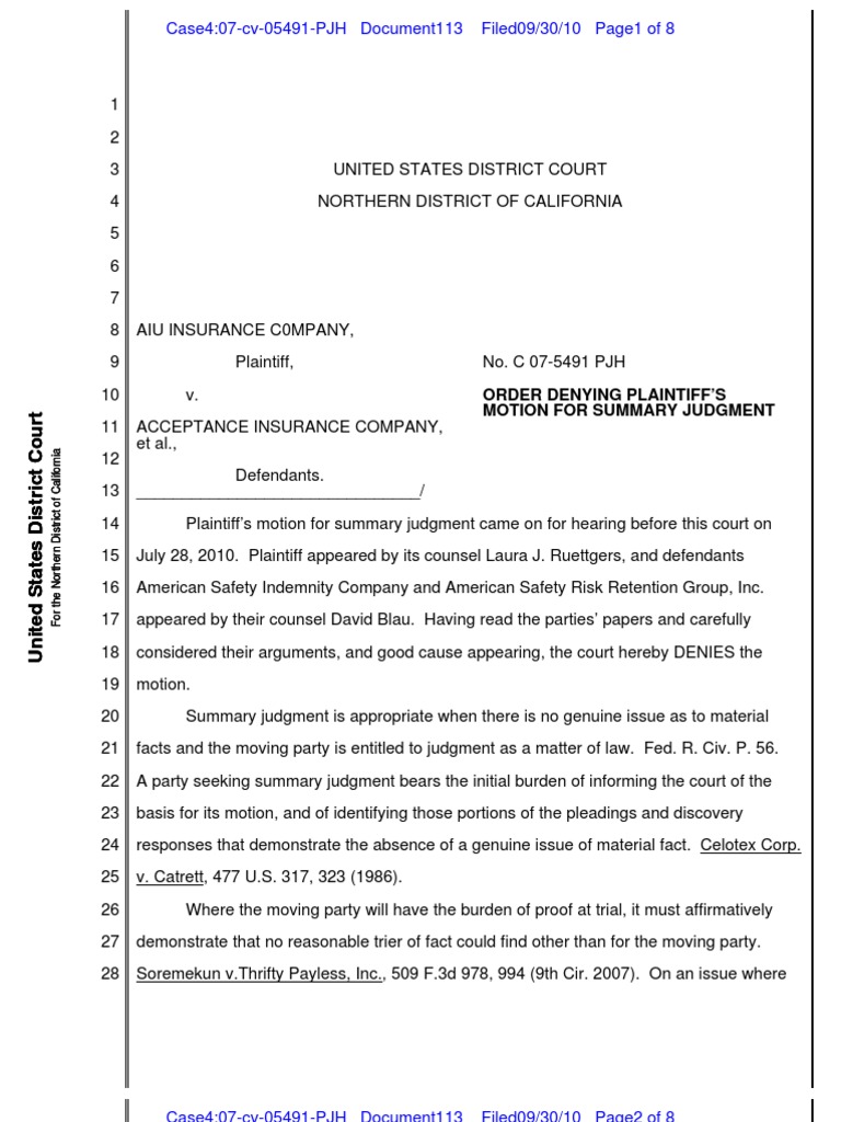 AIU Ins. v. Acceptance Ins. Co. MSJ | PDF | Indemnity | Summary Judgment