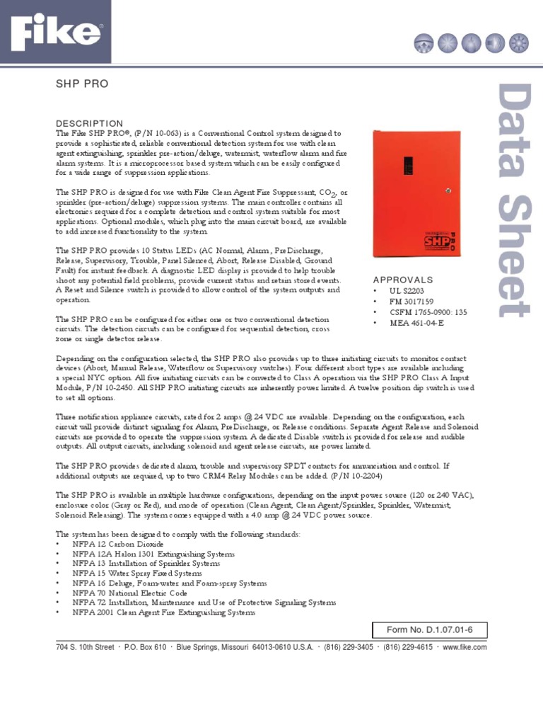 D.1.07.01 SHPPro DataSheet | PDF | Fire Sprinkler System | Switch