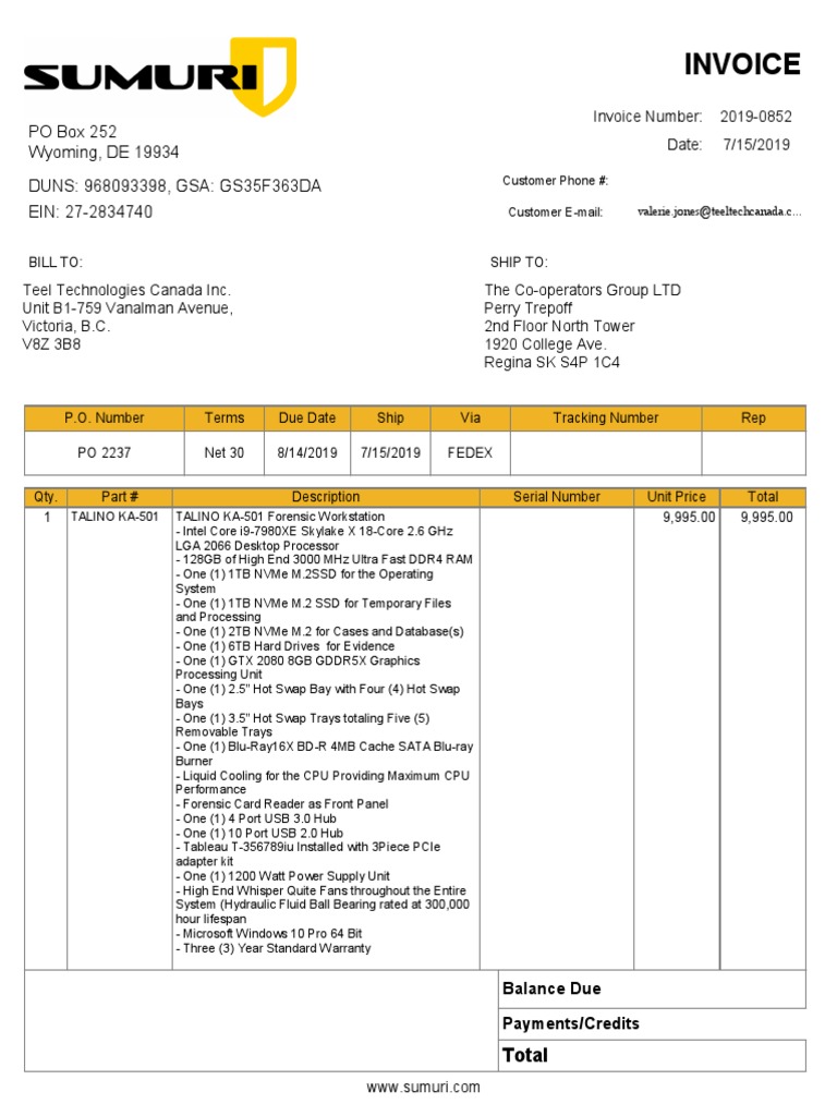 High-End Forensic Workstation Invoice for Teel Technologies Canada Inc ...