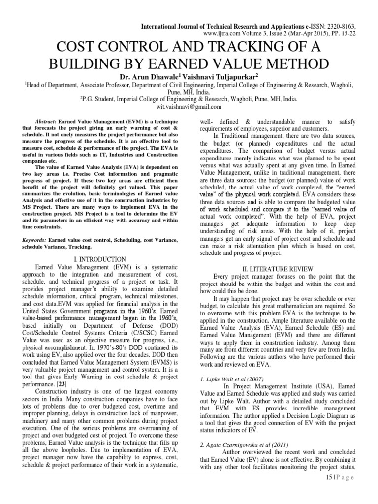 Cost Control And Tracking Of A Building By Earned Value Method Download Free Pdf Business